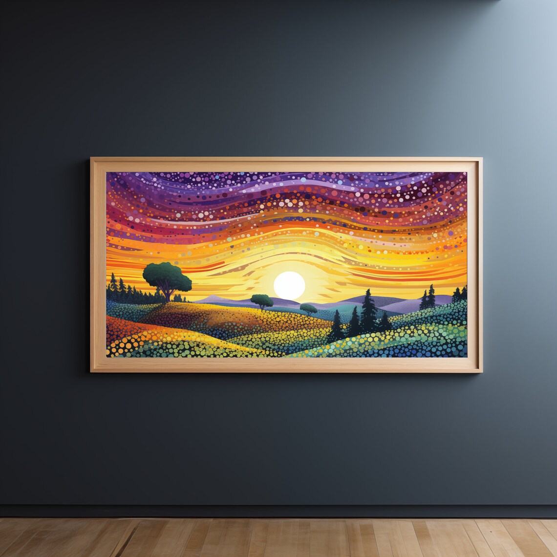 16:9 Vibrant Sunset Wall Art, Pointillism, Abstract, Ocean, Sunset ...