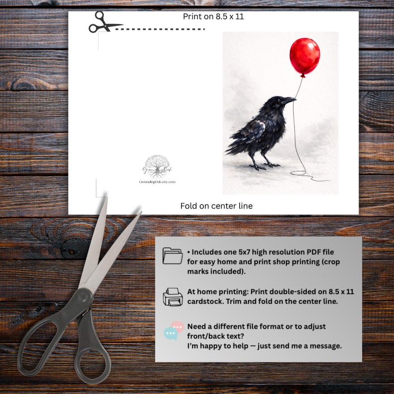 Raven Birthday Card Printable, Watercolor Raven With Red Balloon ...