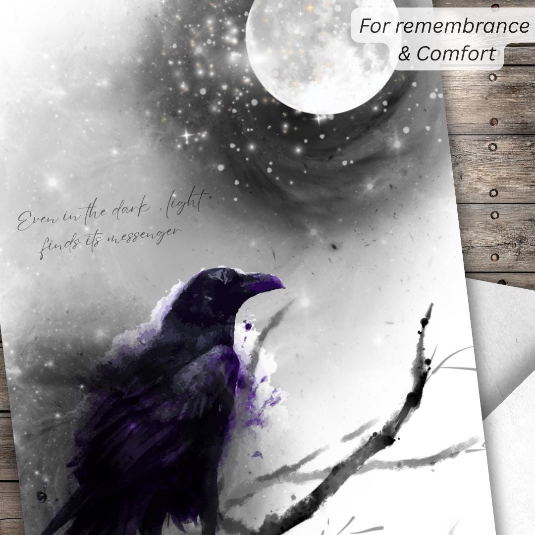 Raven Sympathy Card – Watercolor Moonlight Grief Card (digital Download ...