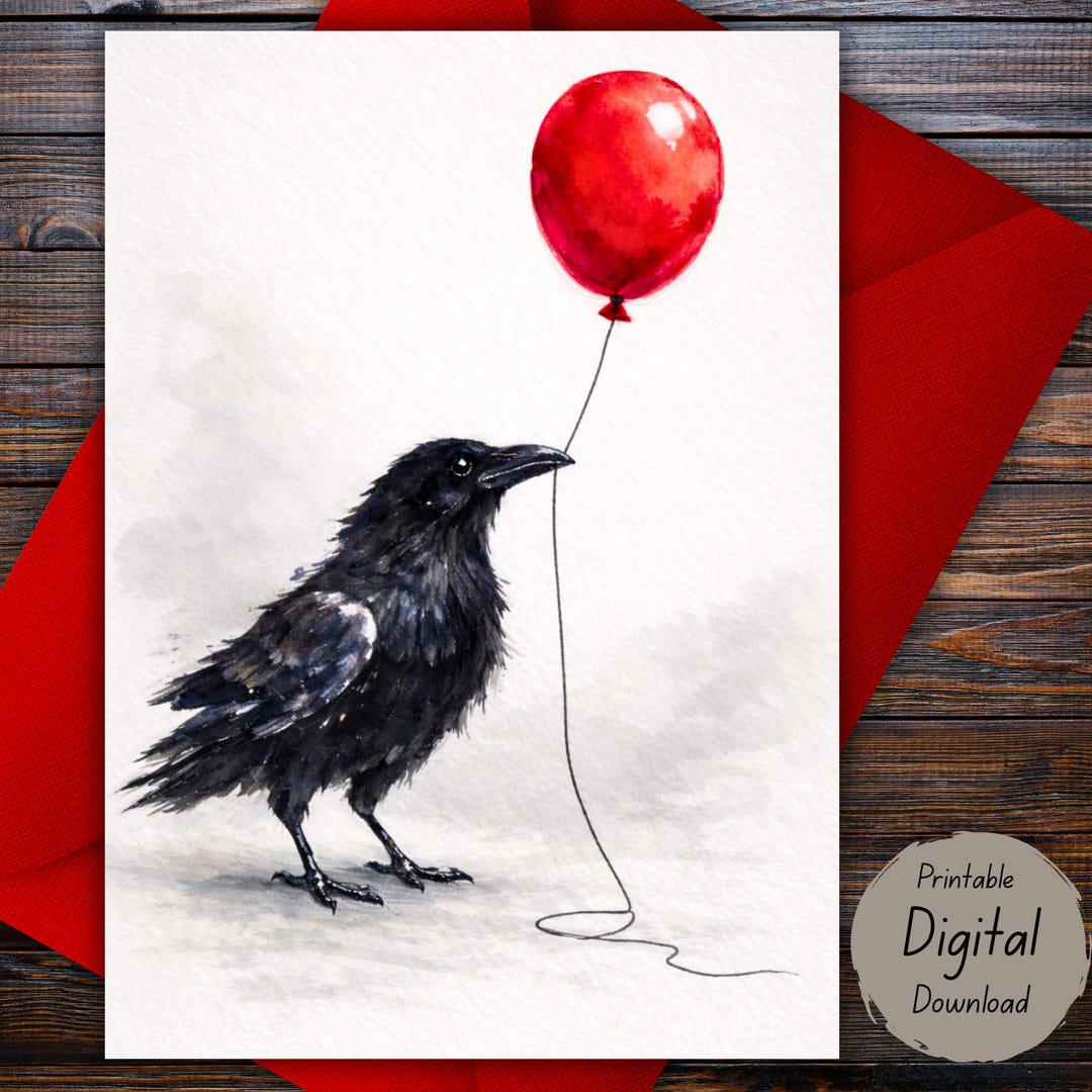Raven Birthday Card Printable, Watercolor Raven With Red Balloon ...