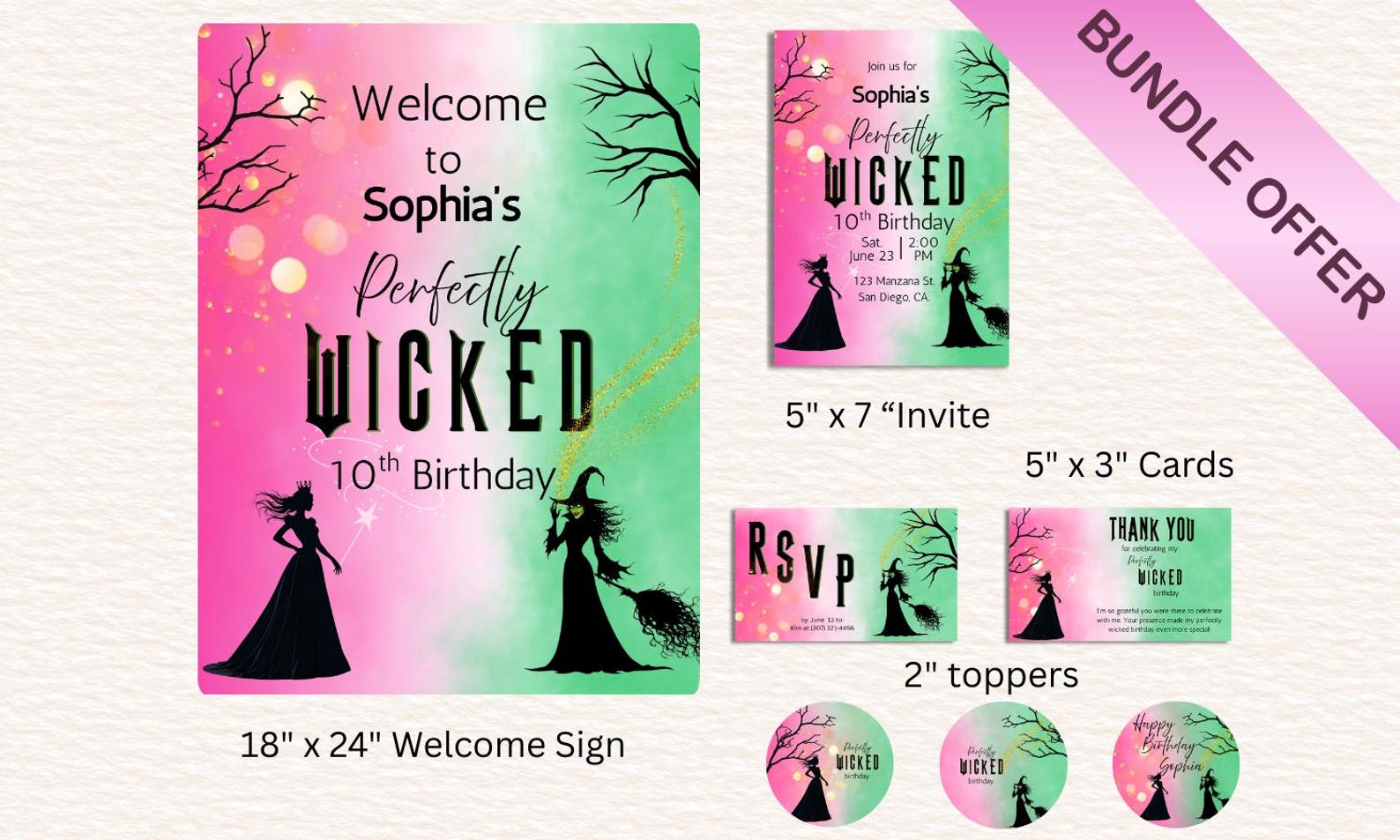 Editable Wicked Birthday Invitation Bundle | Canva Template | Pink ...