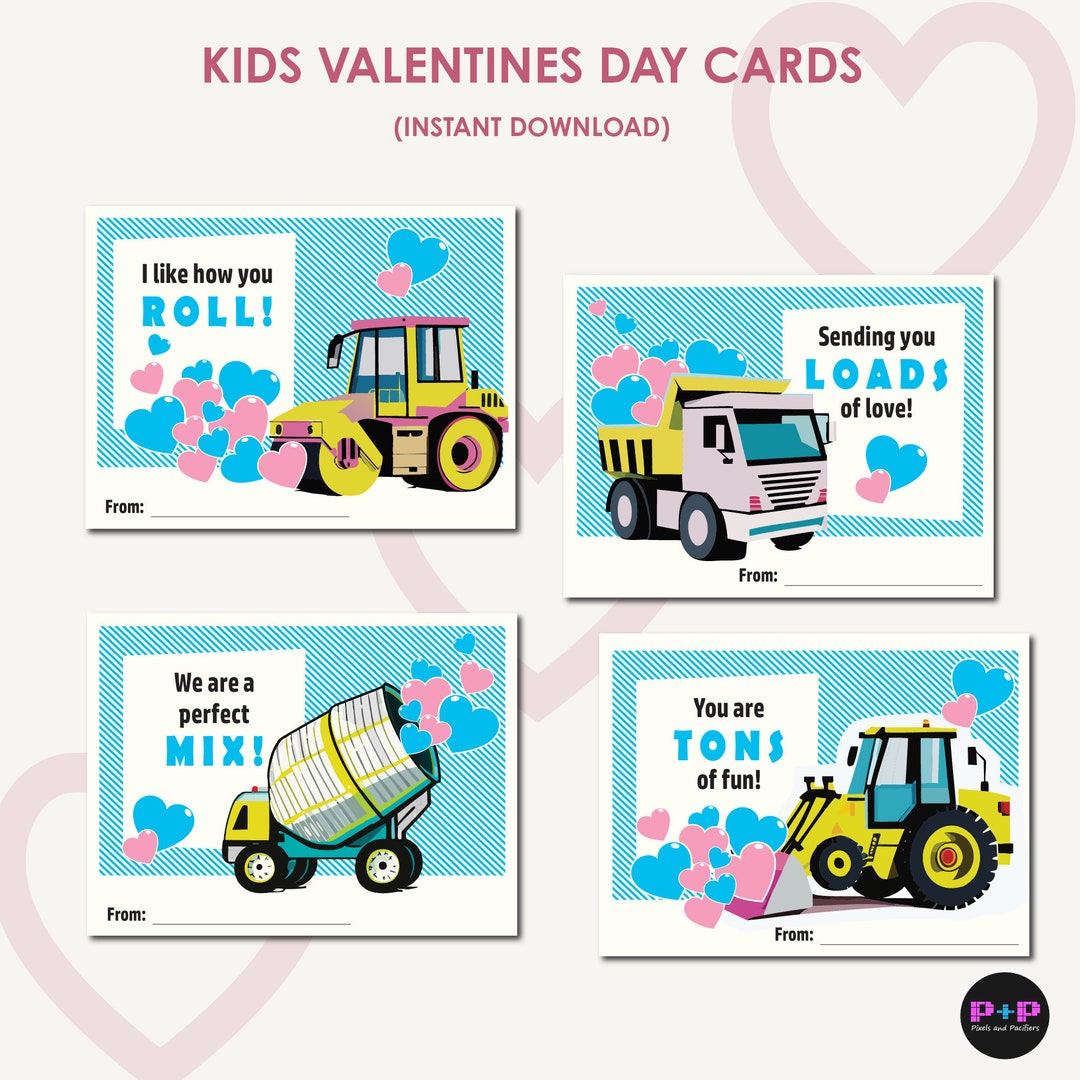 Printable Valentine Card, Construction Vehicle, Instant Download, Kids ...