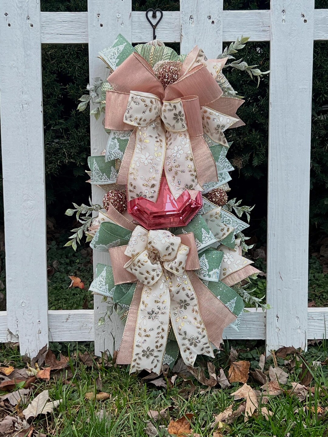 Pink and Sage Green Swag With a Jewel, Winter Swag, Holiday Swag ...