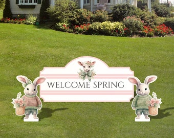 Spring Time Bunnies With Floral and Fence, Bunnies Garden Art, Bunny ...