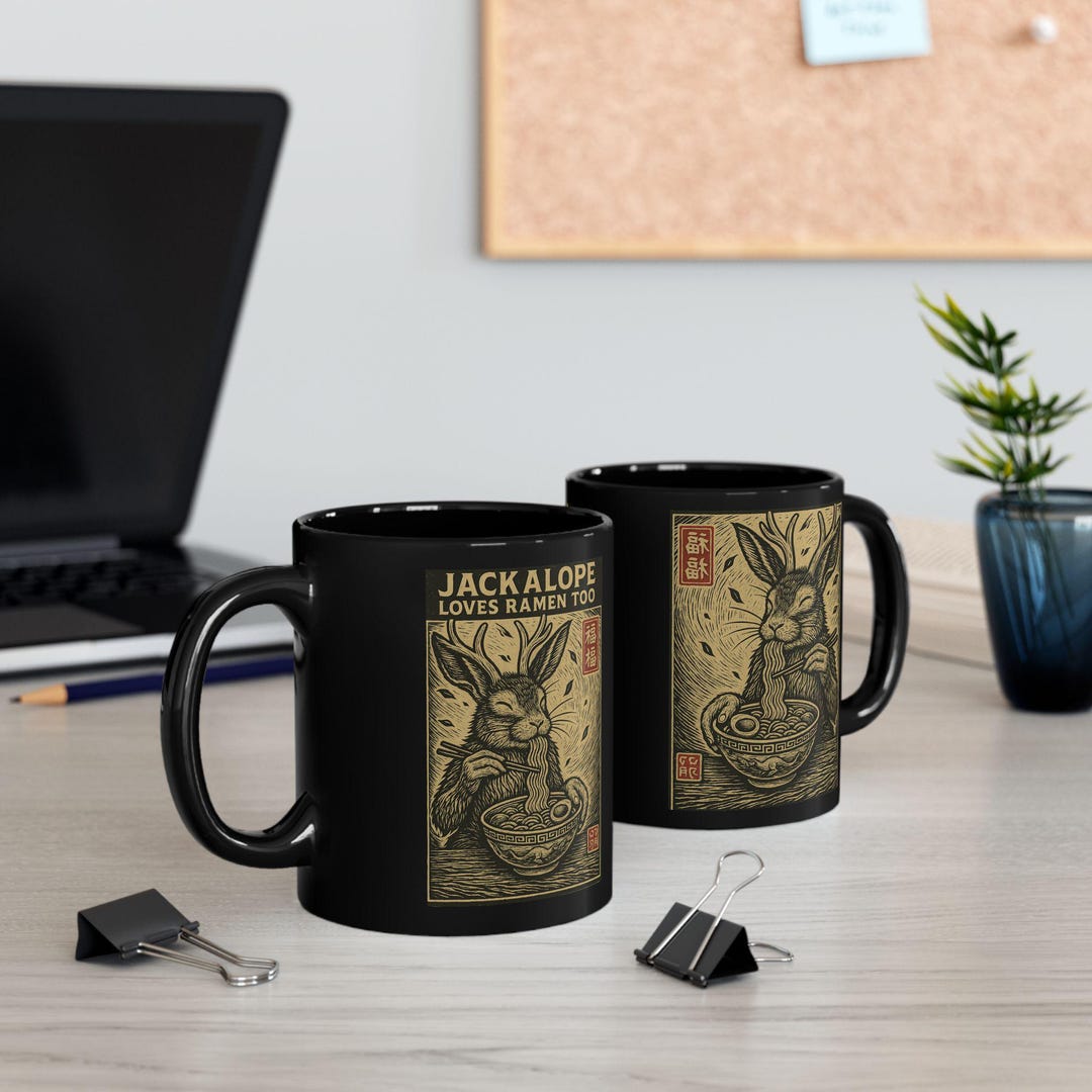 Japanese Wood Cut Style, JACKALOPE Cryptid, 11 AND 15oz Black Ceramic ...