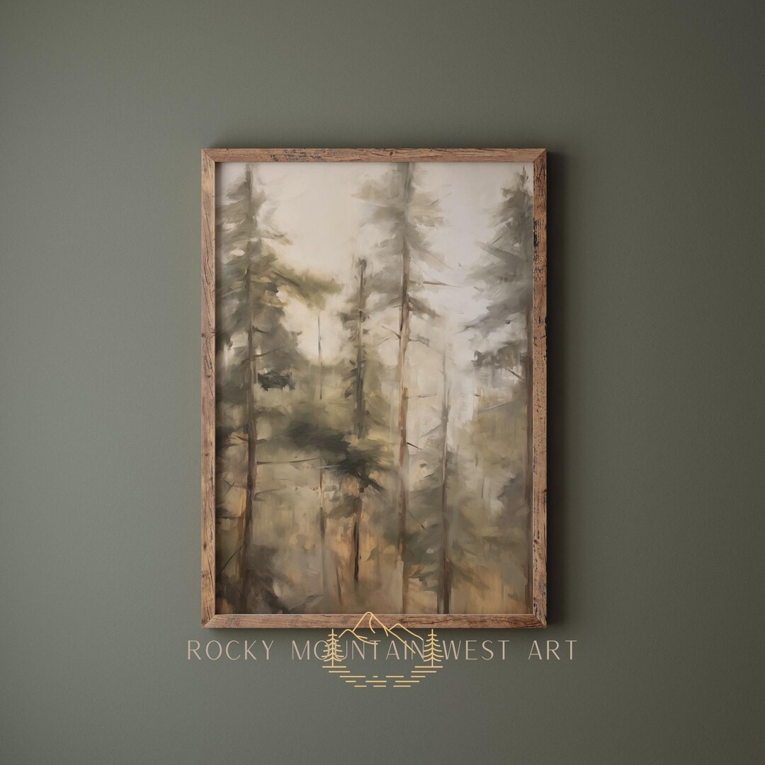Vintage Pine Tree Wall Art | Rustic Pine Forest Painting | Sage Green ...