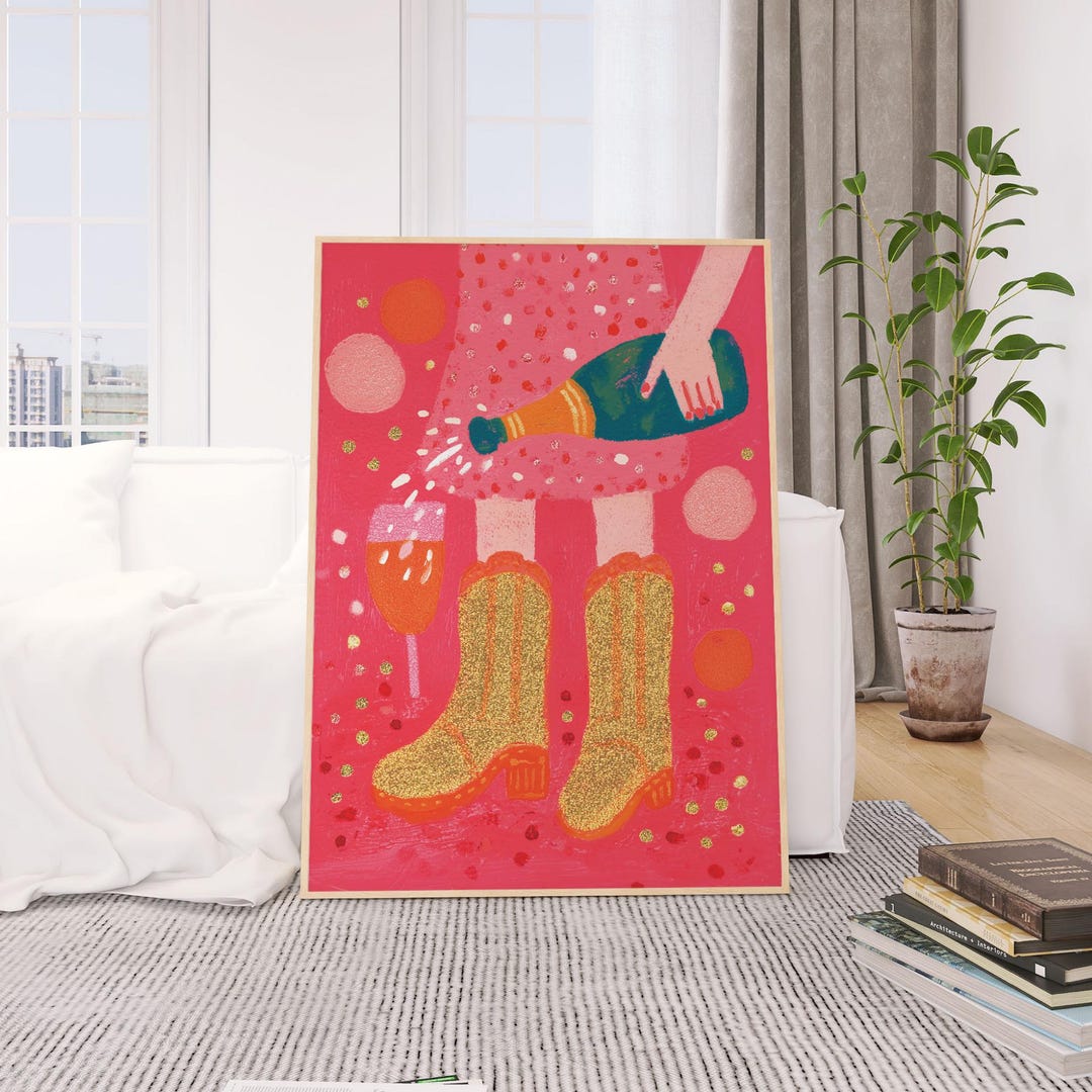 Glitter Western Cowgirl Boots Print Champagne Pour Wall Art Barbiecore ...