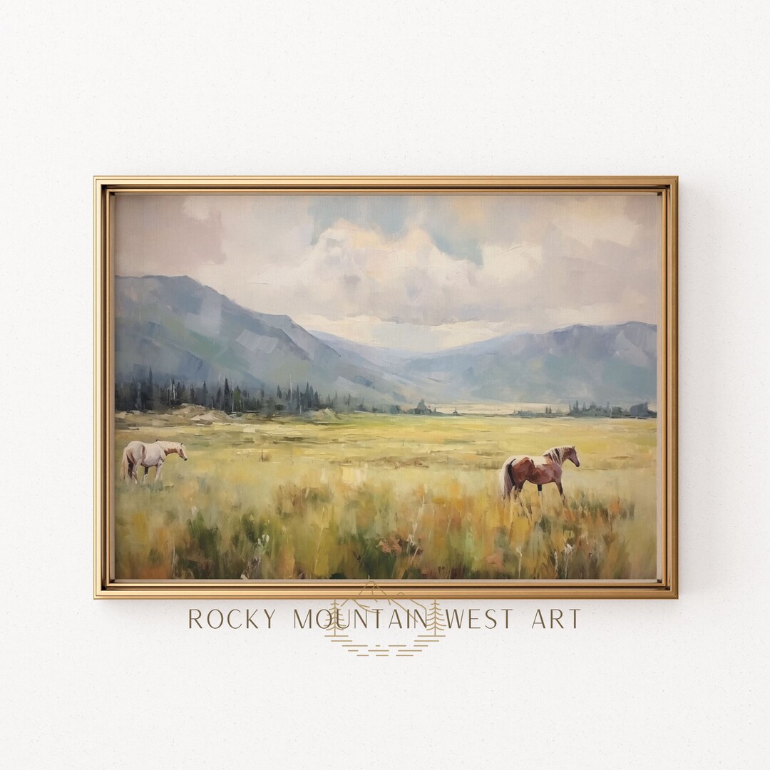 Rustic Landscape Wild Horses in Field Wall Art Large Modern Western ...