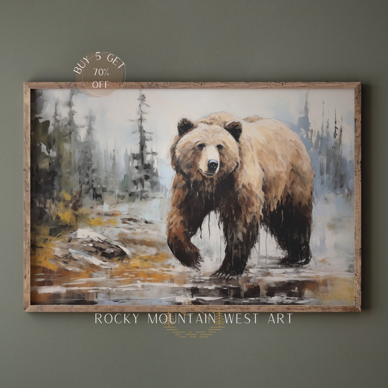 Rustic Canadian Grizzly Bear Painting Wall Art Moody Landscape Animal ...