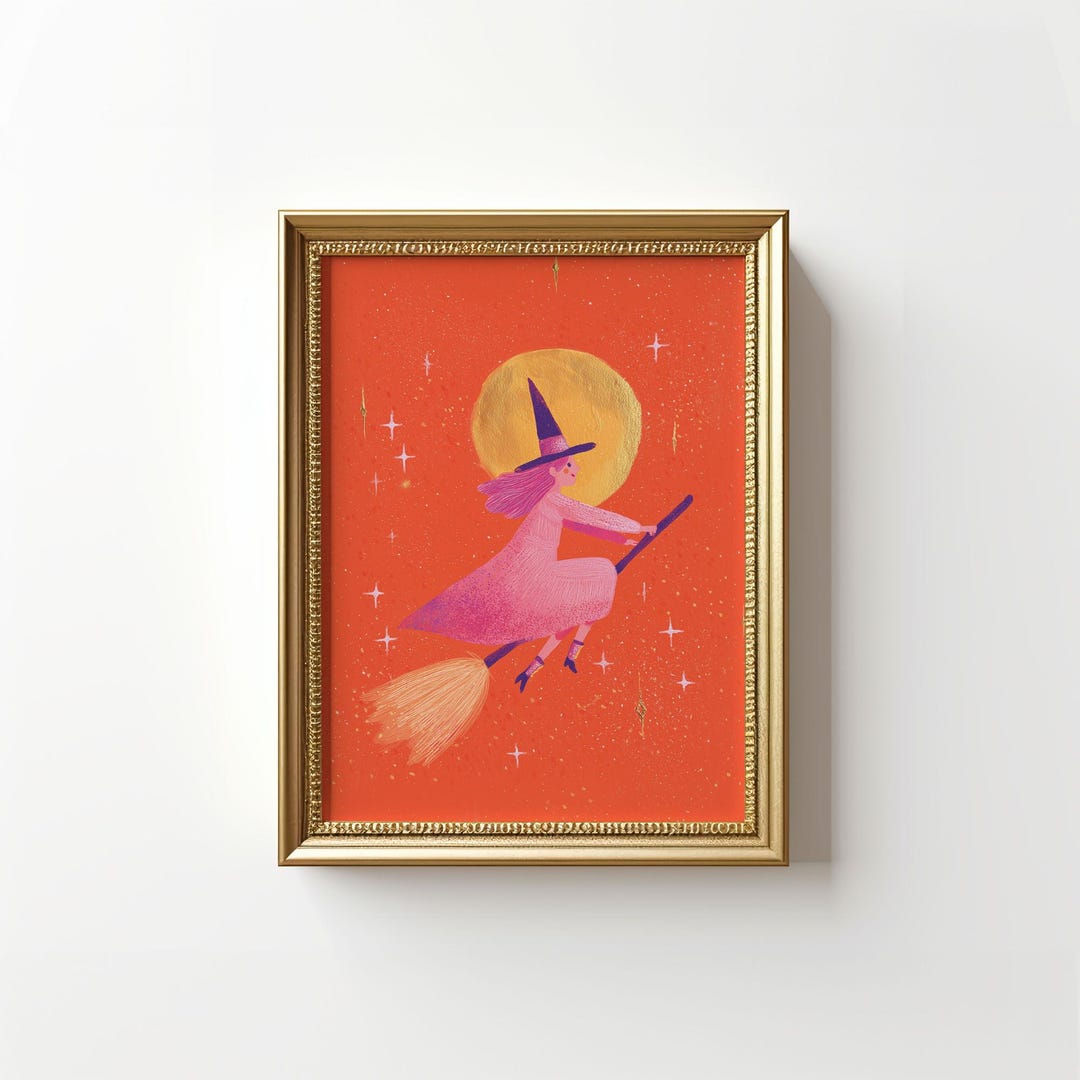 Girly Witch Flying Art Print Barbiecore Halloween Print Glitter ...