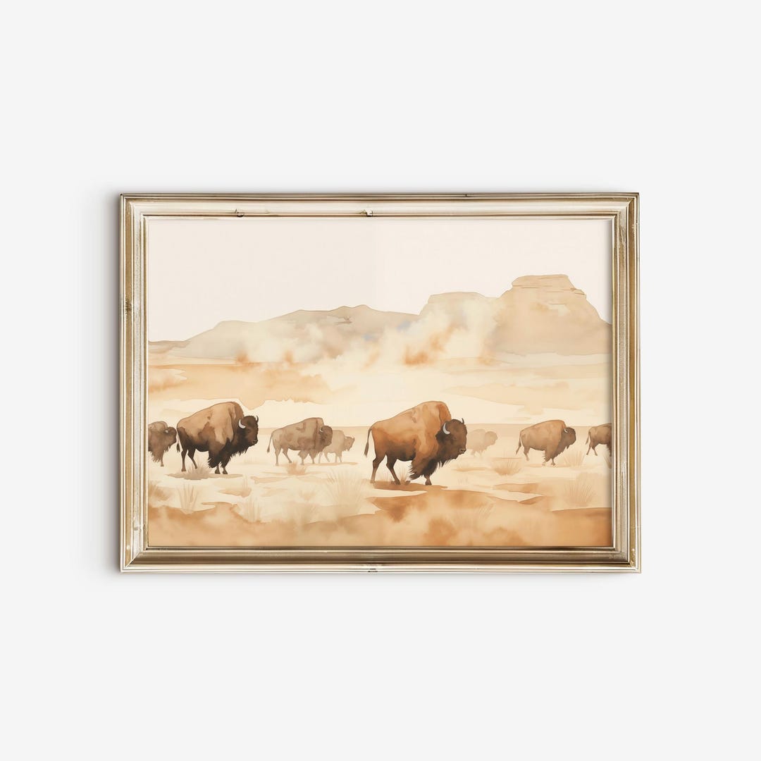 Rustic Bison Wall Art | Vintage American Bison Art | Watercolor Bison ...