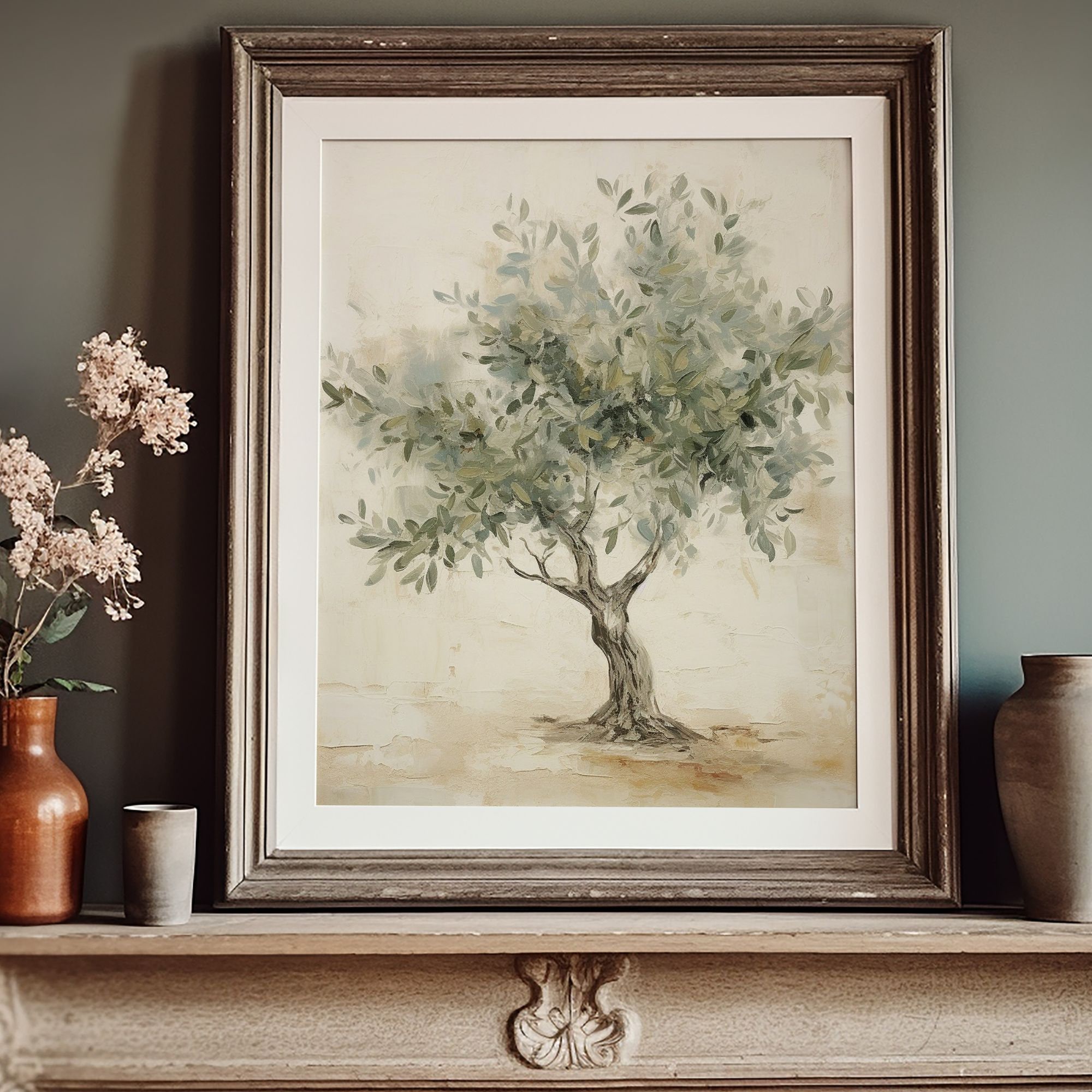 Vintage Olive Tree Wall Art Rustic Mediterranean Wall Art Sage Green ...