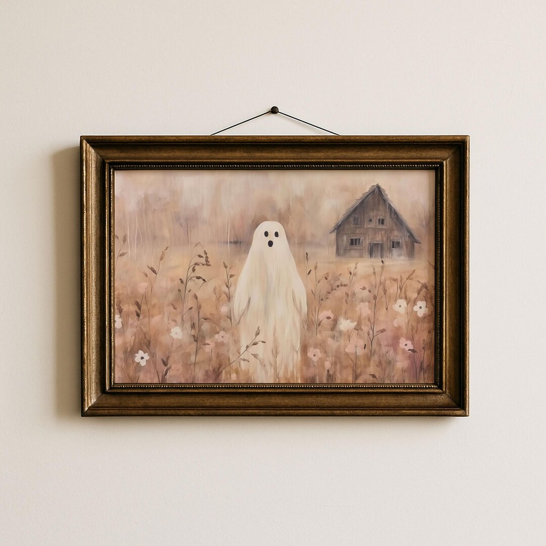 Vintage Cute Ghost Landscape Painting Pink Halloween Decor Cute Ghost ...