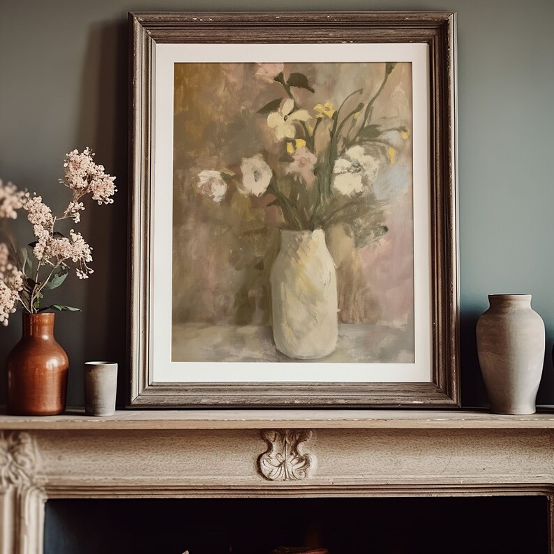 Neutral Still Life Oil Painting Flower Vase Art Print Antique Dining ...