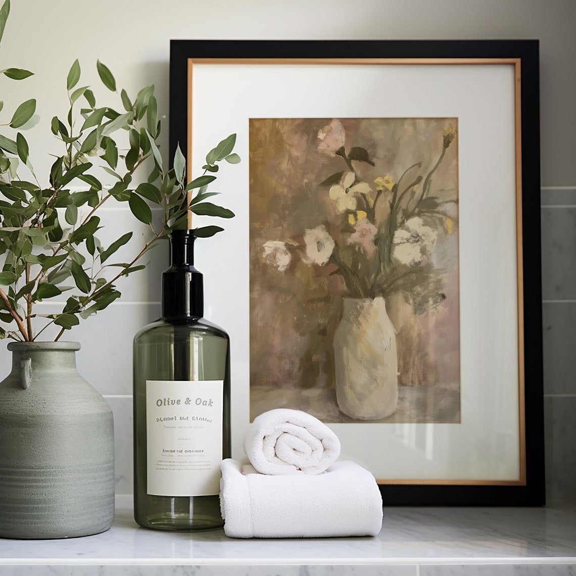 Neutral Still Life Oil Painting Flower Vase Art Print Antique Dining ...