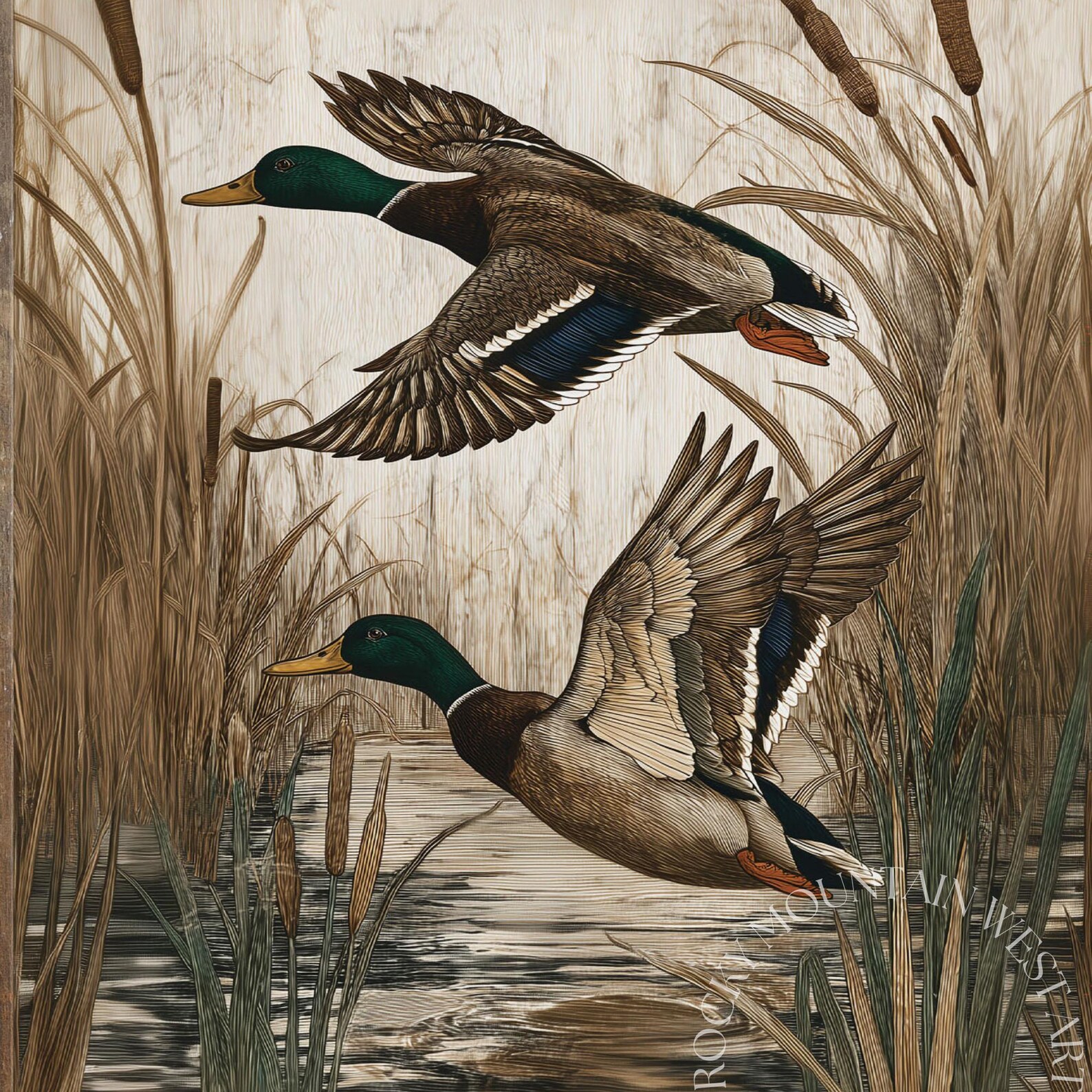 Mallard Duck Wall Art, Rustic Marsh Wildlife Painting, Hunting Lodge ...