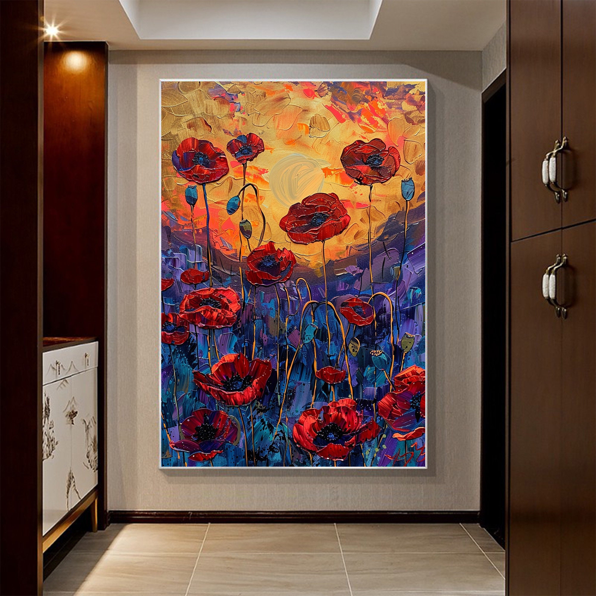 Original Red Flower Oil Painting on Canvas, Abstract Colorful Blossom ...
