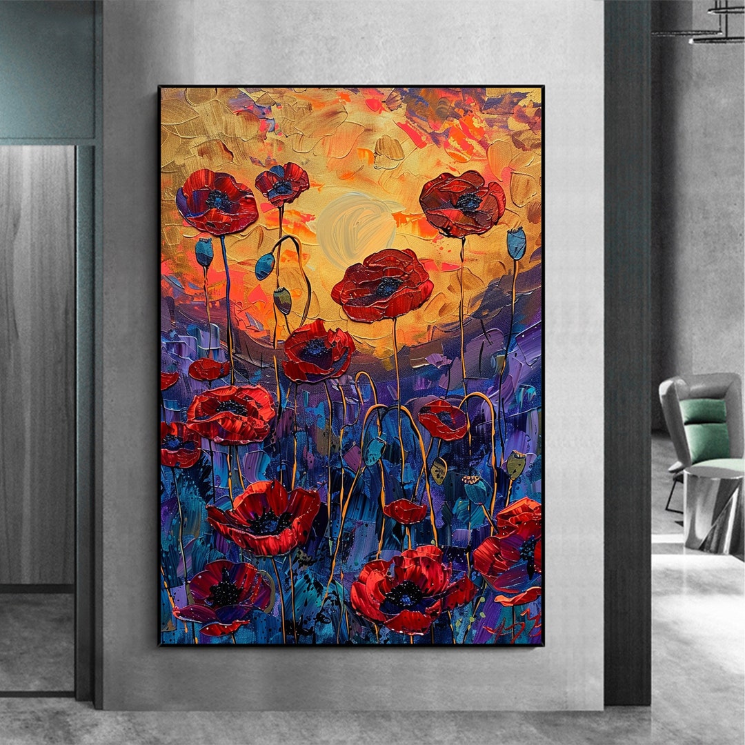 Original Red Flower Oil Painting on Canvas, Abstract Colorful Blossom ...