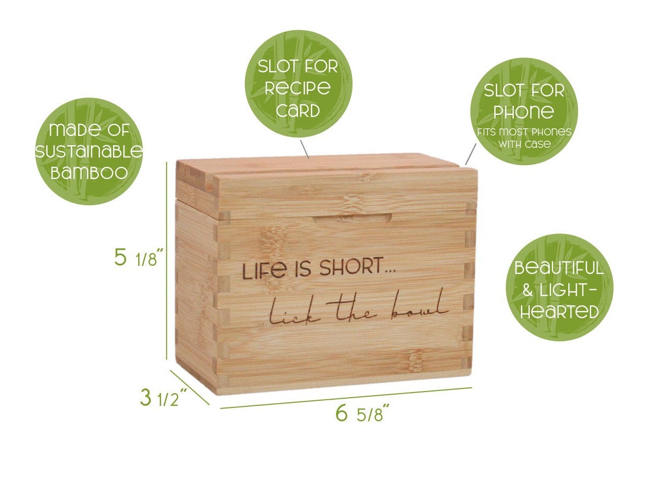 Bamboo Recipe Box: 'life is Short, Lick the Bowl' - Includes Dividers ...