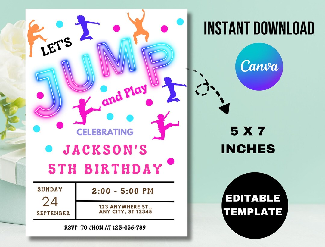Jump Birthday Invitation, Jump Invitation, Editable Kids Trampoline ...