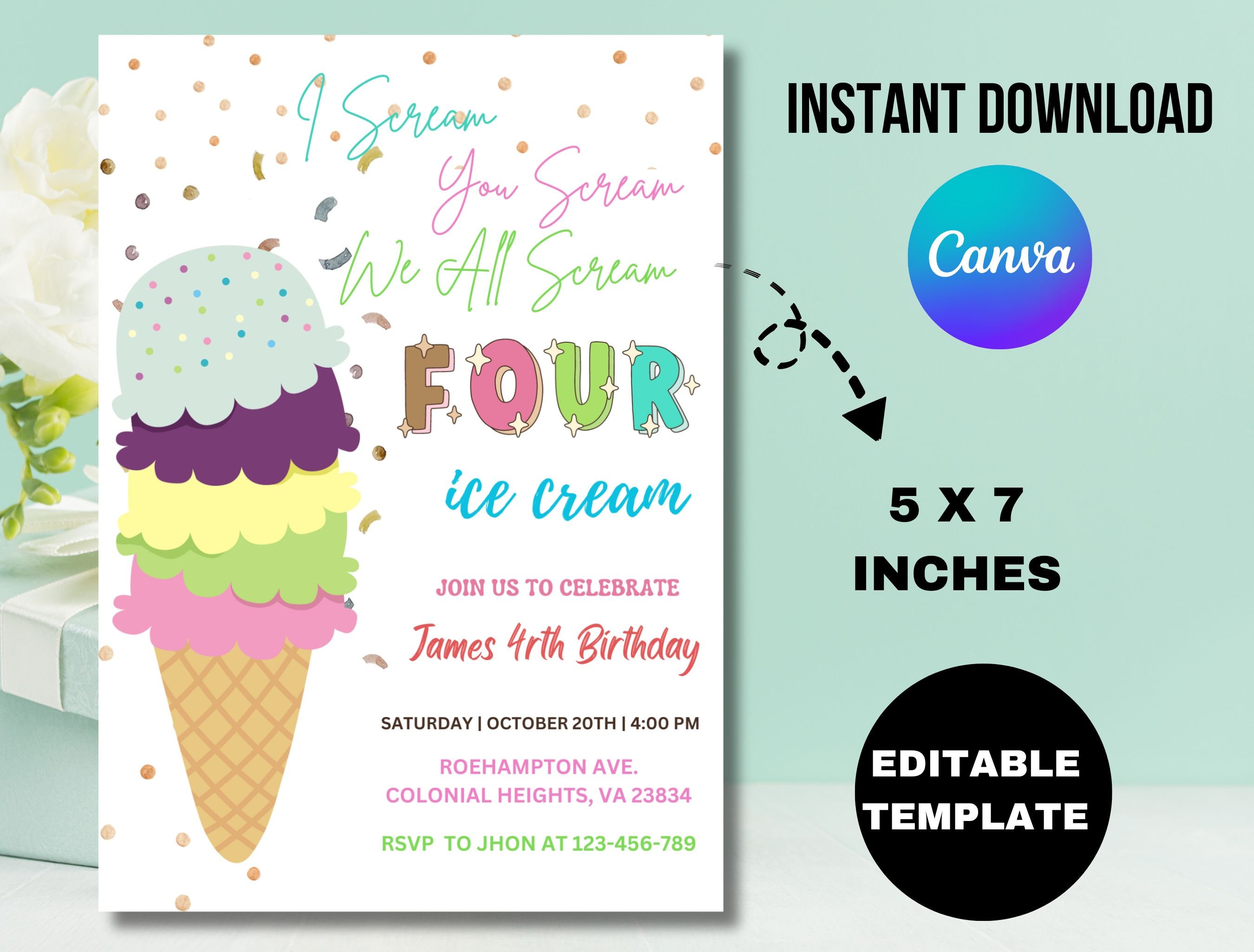 Editable Ice Cream Birthday Invitation 4th Birthday Party Here's the ...