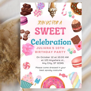 Sweets Candy Birthday Invitation Template, Editable 5x7 (digital ...