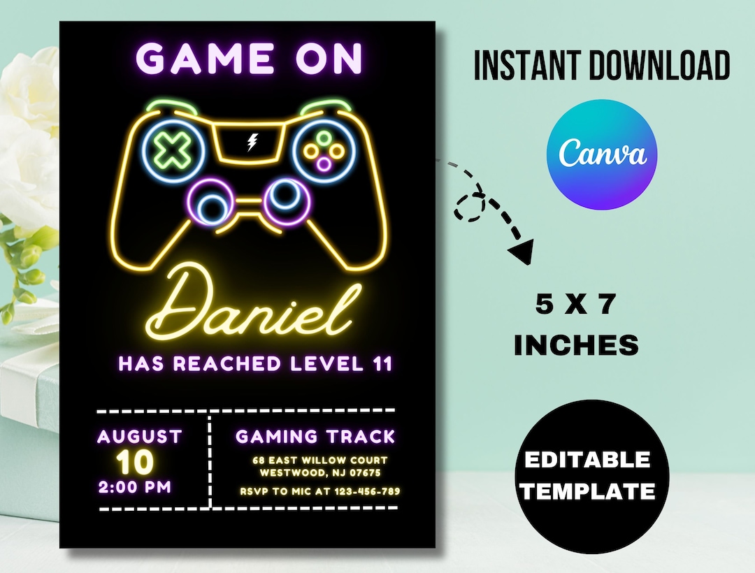 Video Game Birthday Invitation Template, Video Game Invitation, Neon ...