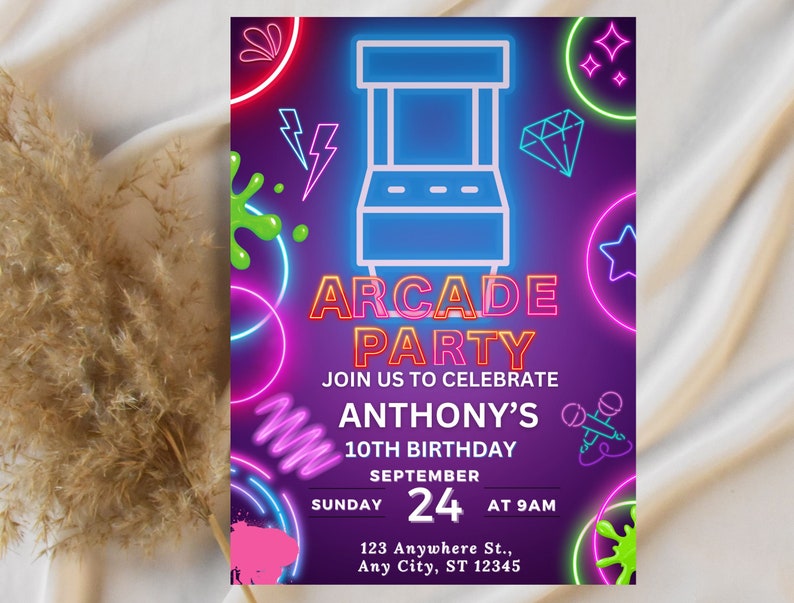 Arcade Birthday Invitation Template, Arcade Invitation, Neon Glow ...