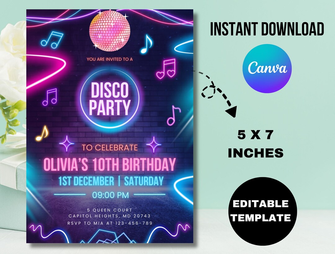 Disco Party Birthday Invitation, Editable Glow Party, Disco Gender ...