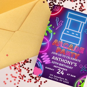 Neon Arcade Birthday Invitation, Gamer Party, Editable Canva (5x7 ...
