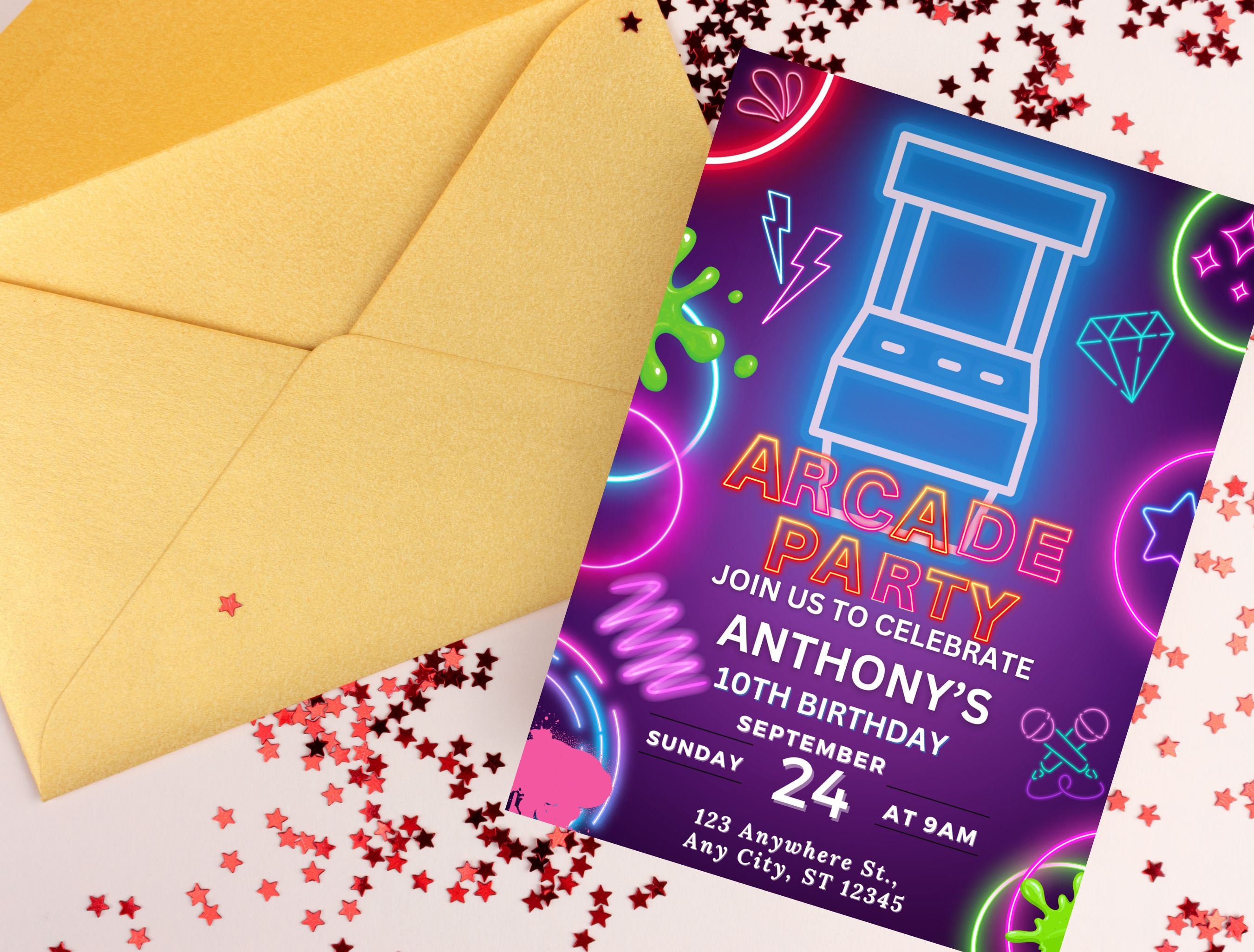 Arcade Birthday Invitation Template, Arcade Invitation, Neon Glow ...