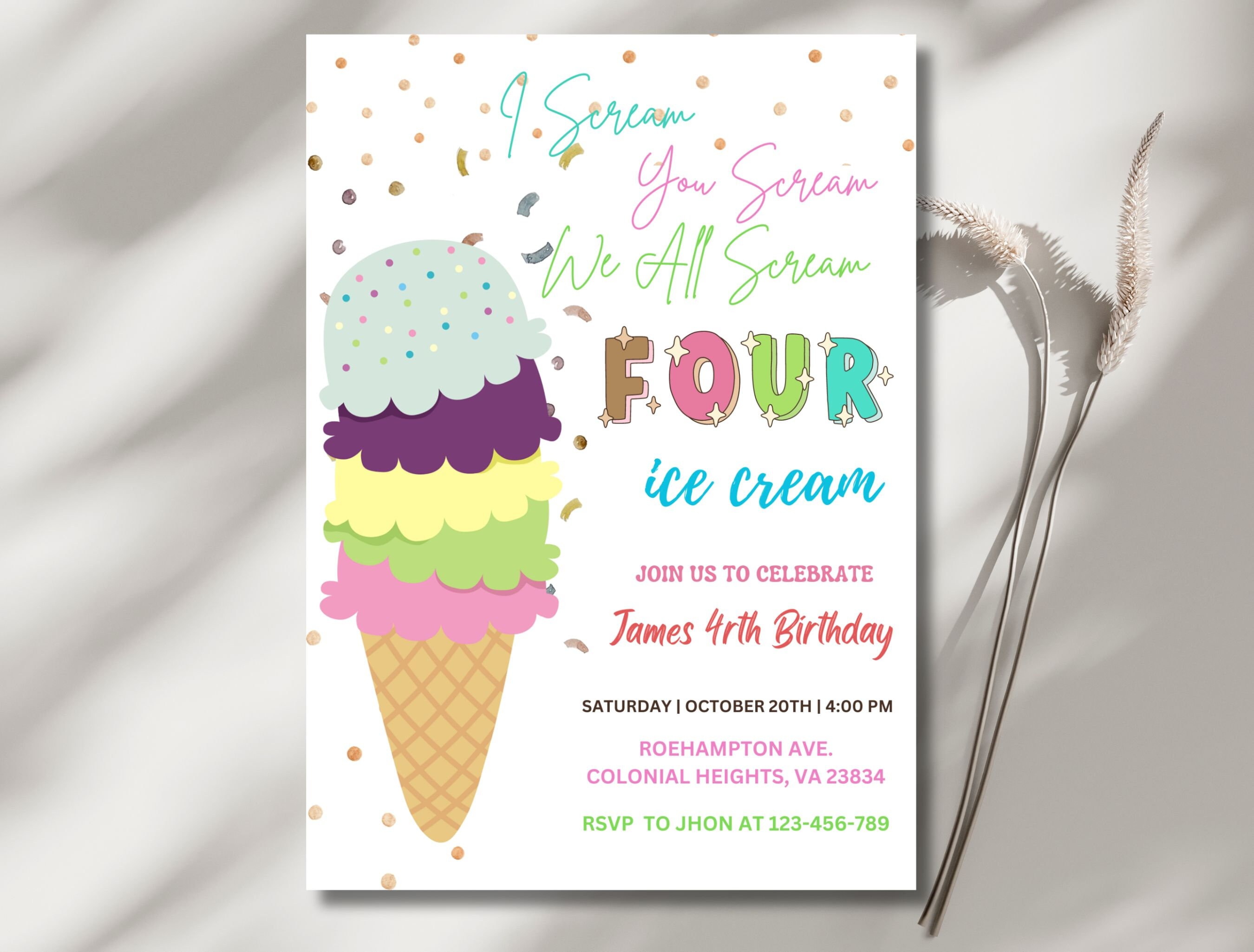 Ice Cream 4th Birthday Invitation, Editable Cone Party (digital ...