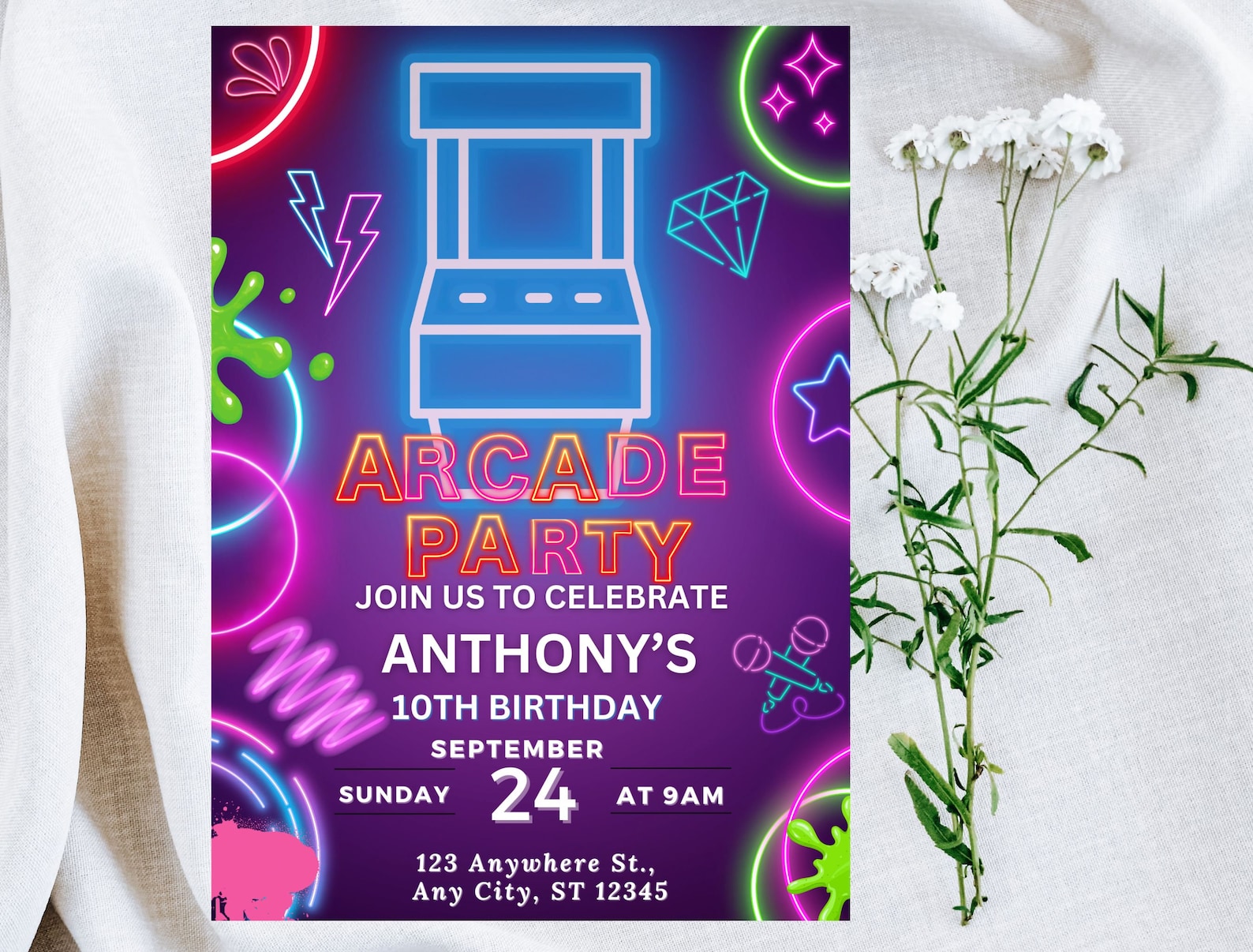 Arcade Birthday Invitation Template, Arcade Invitation, Neon Glow ...