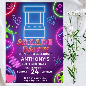 Arcade Birthday Invitation Template, Arcade Invitation, Neon Glow ...