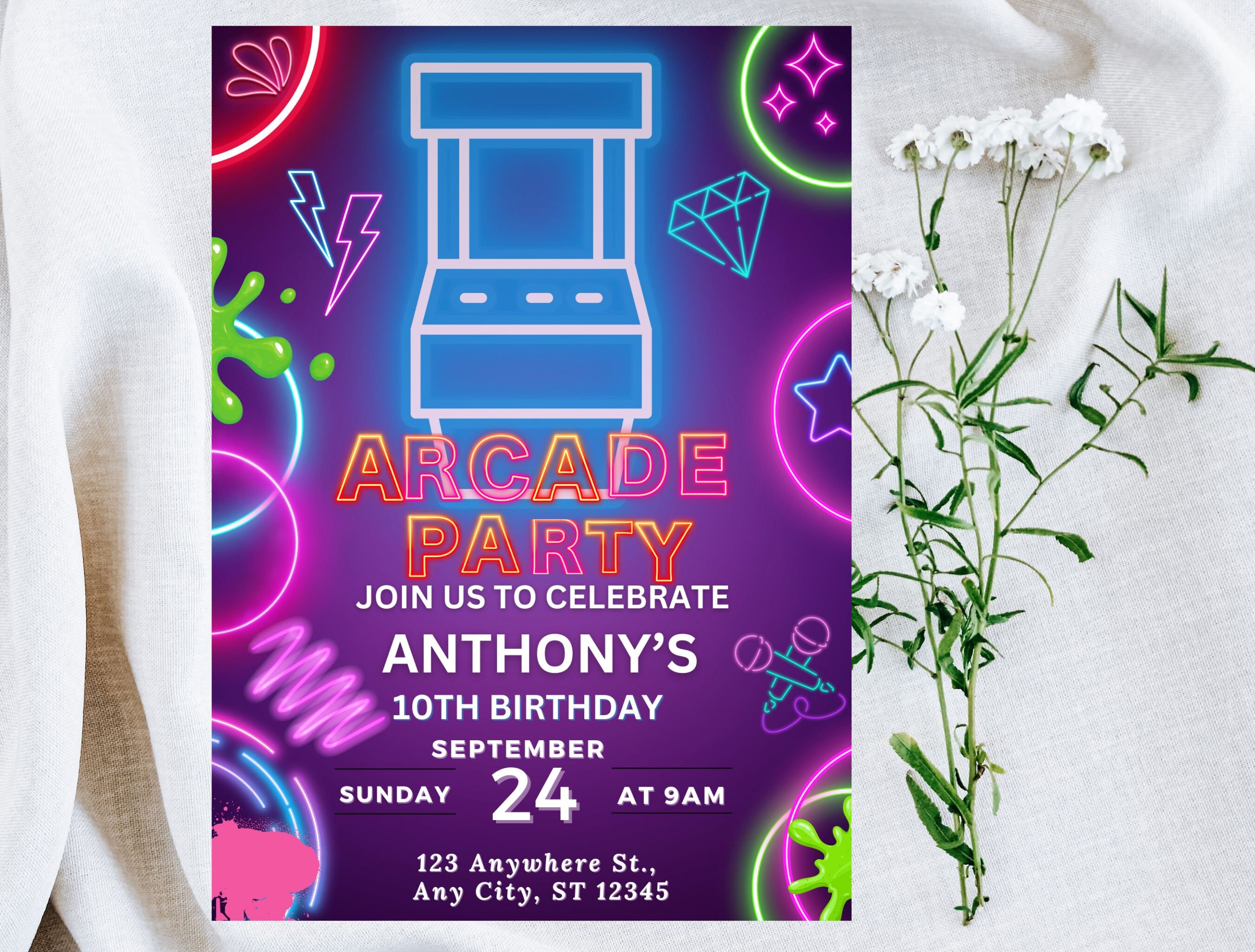 Arcade Birthday Invitation Template, Arcade Invitation, Neon Glow ...