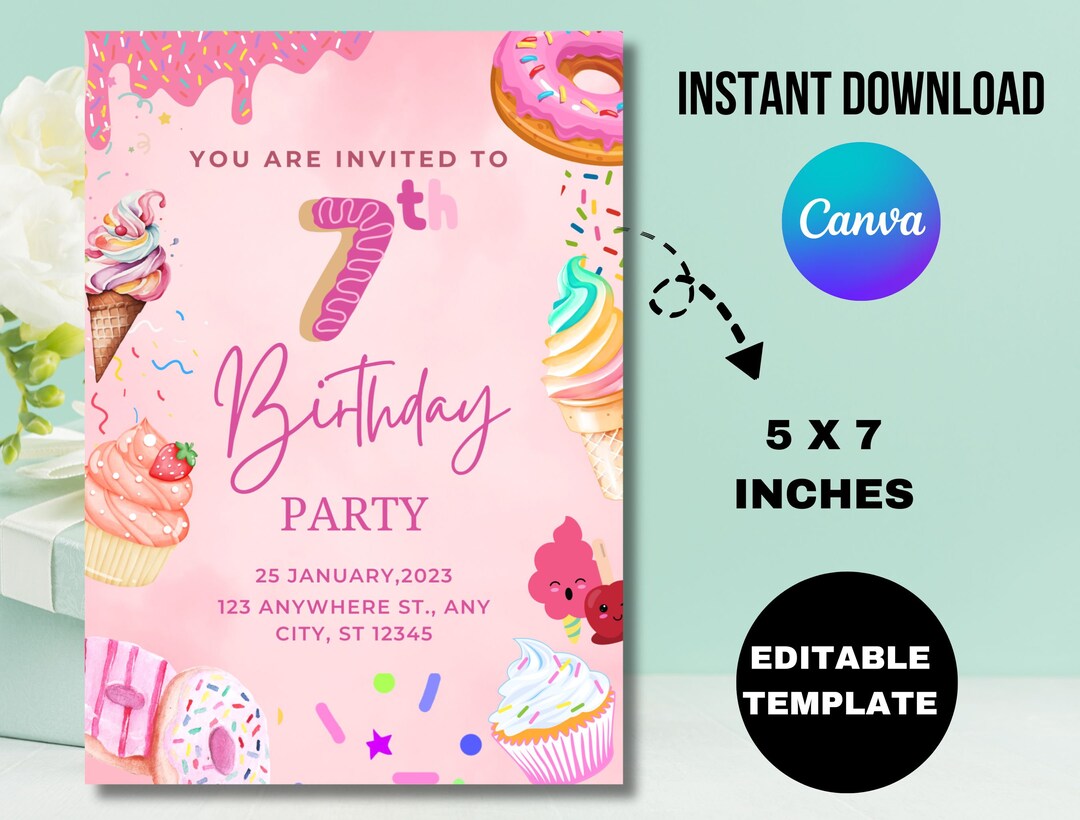 Editable 7th Birthday Invitation Glitter Seventh Birthday Invitation ...
