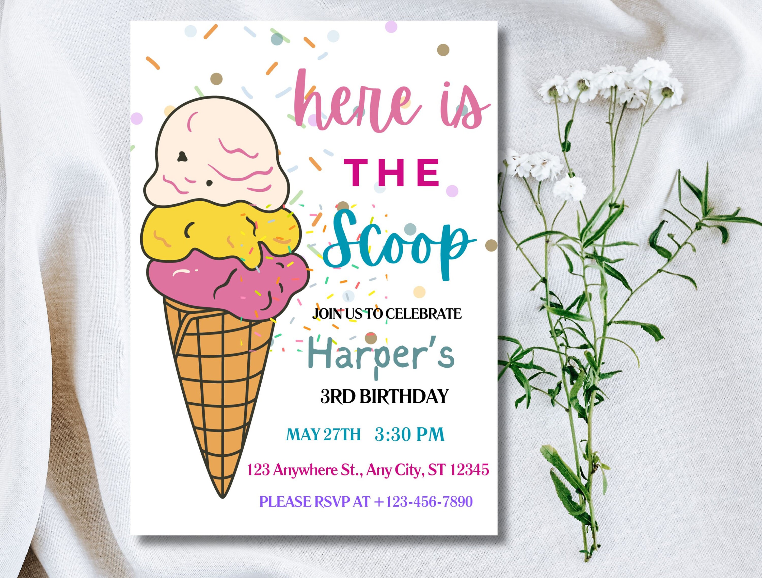 Ice Cream Birthday Invitation, 4th Birthday, Pink Gold (printable ...