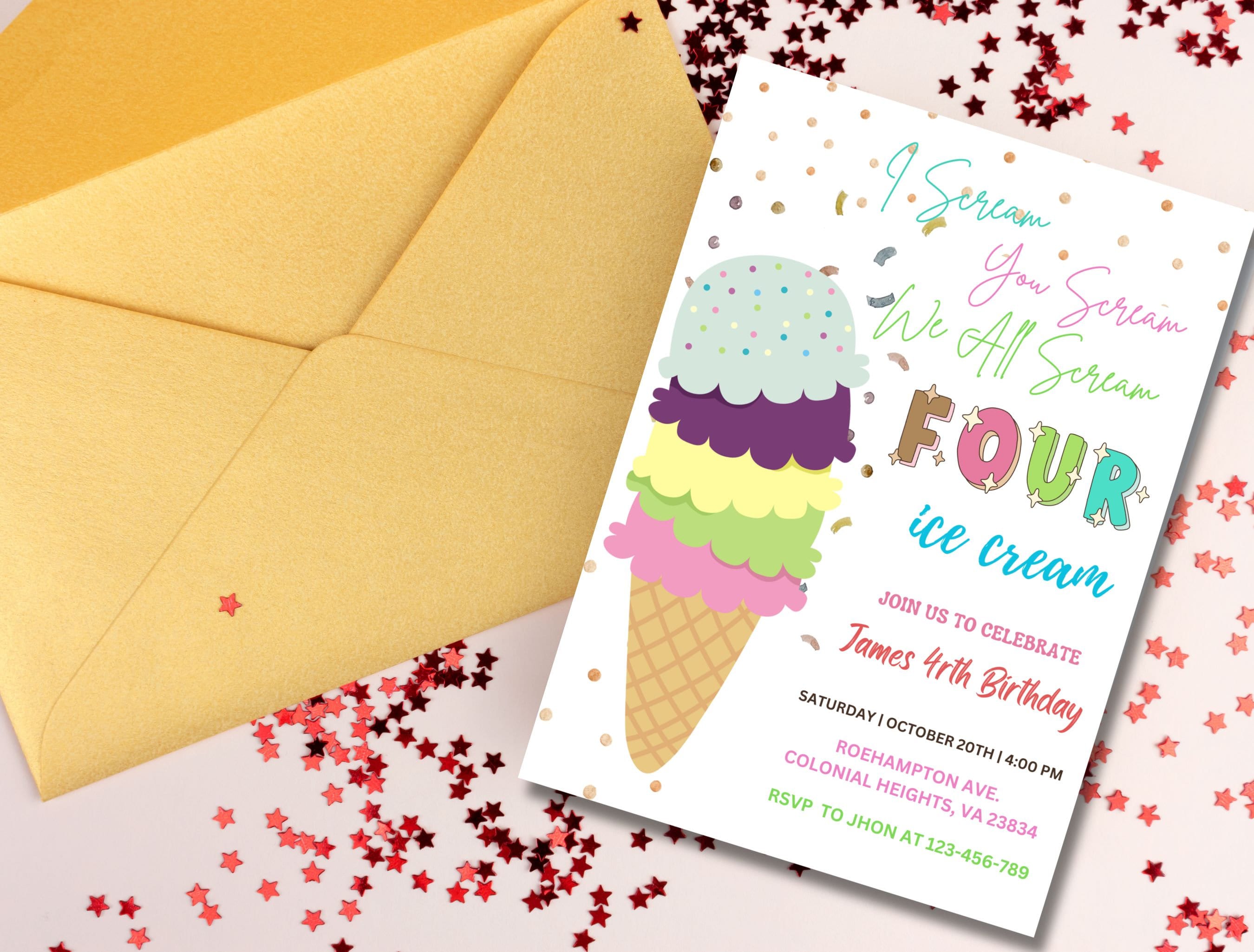 Editable Ice Cream Birthday Invitation 4th Birthday Party Here's the ...