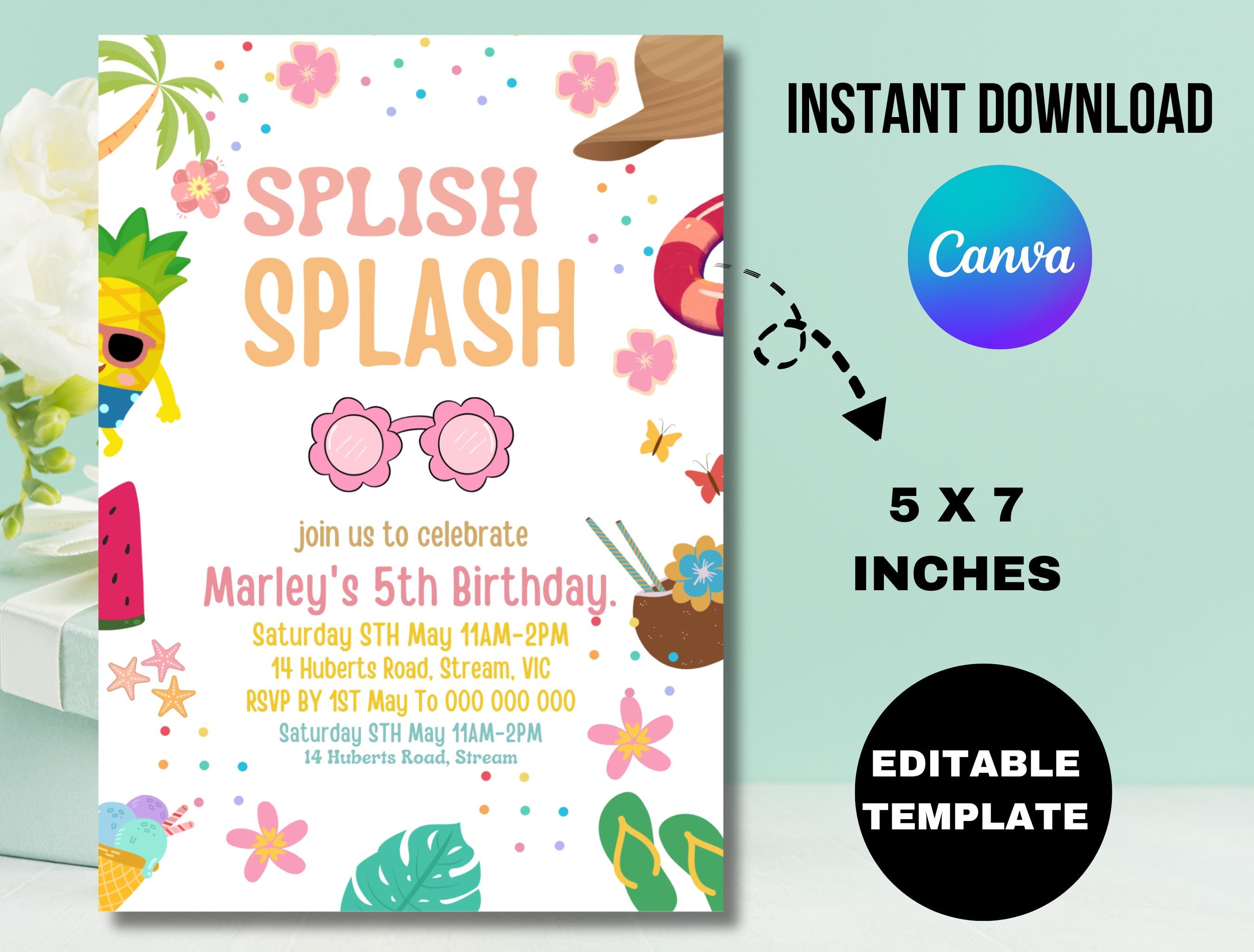 Editable Splish Splash Birthday Invitation Pool Party Girl Summer Waterslide Water Party Pink ...
