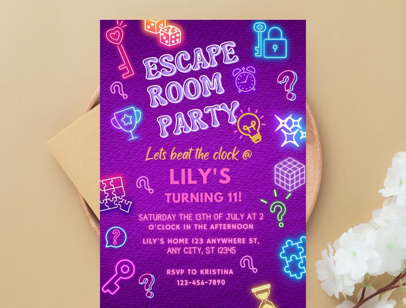 Escape Room Birthday Party Invitation | Neon Rainbow, Editable Template ...