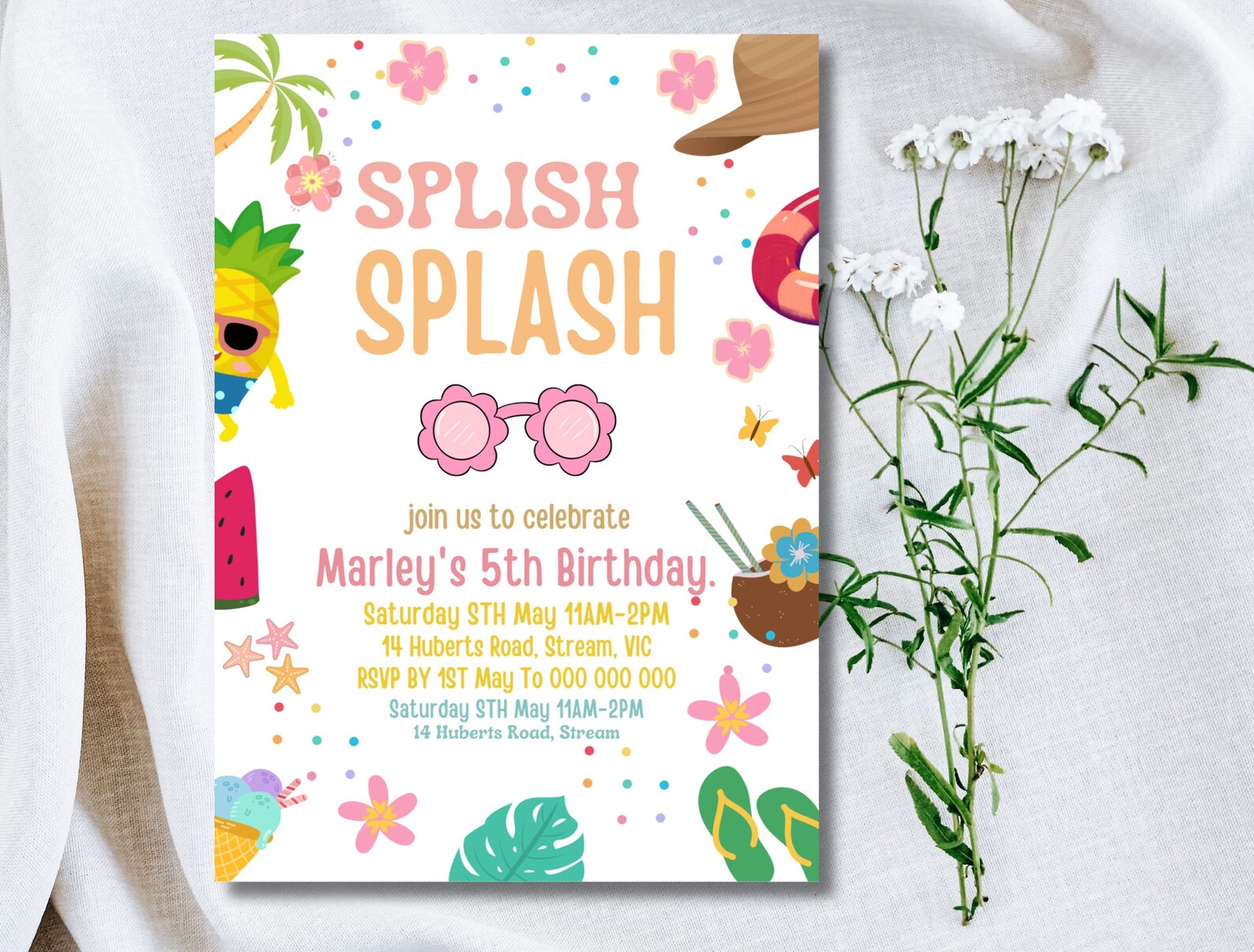Editable Splish Splash Birthday Invitation Pool Party Girl Summer ...
