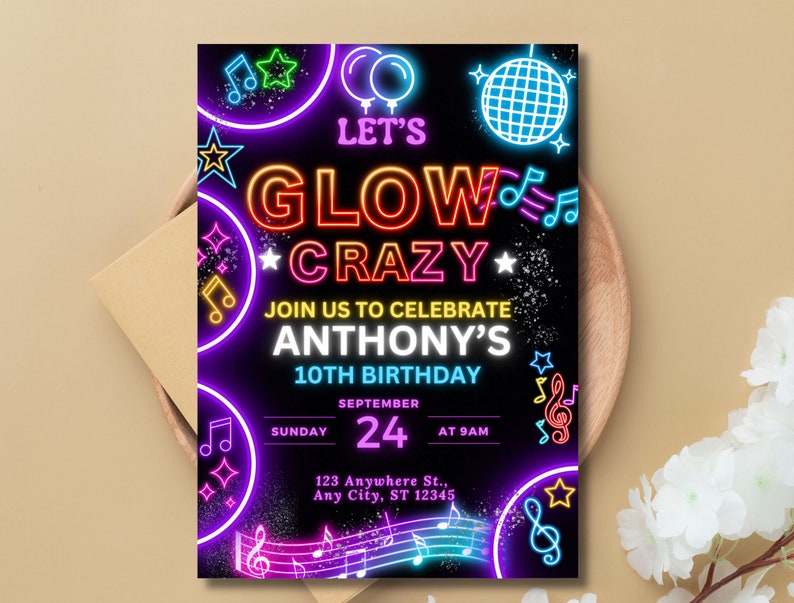 Editable Glow Birthday Invitation Template, Neon Party Invites (5x7 ...