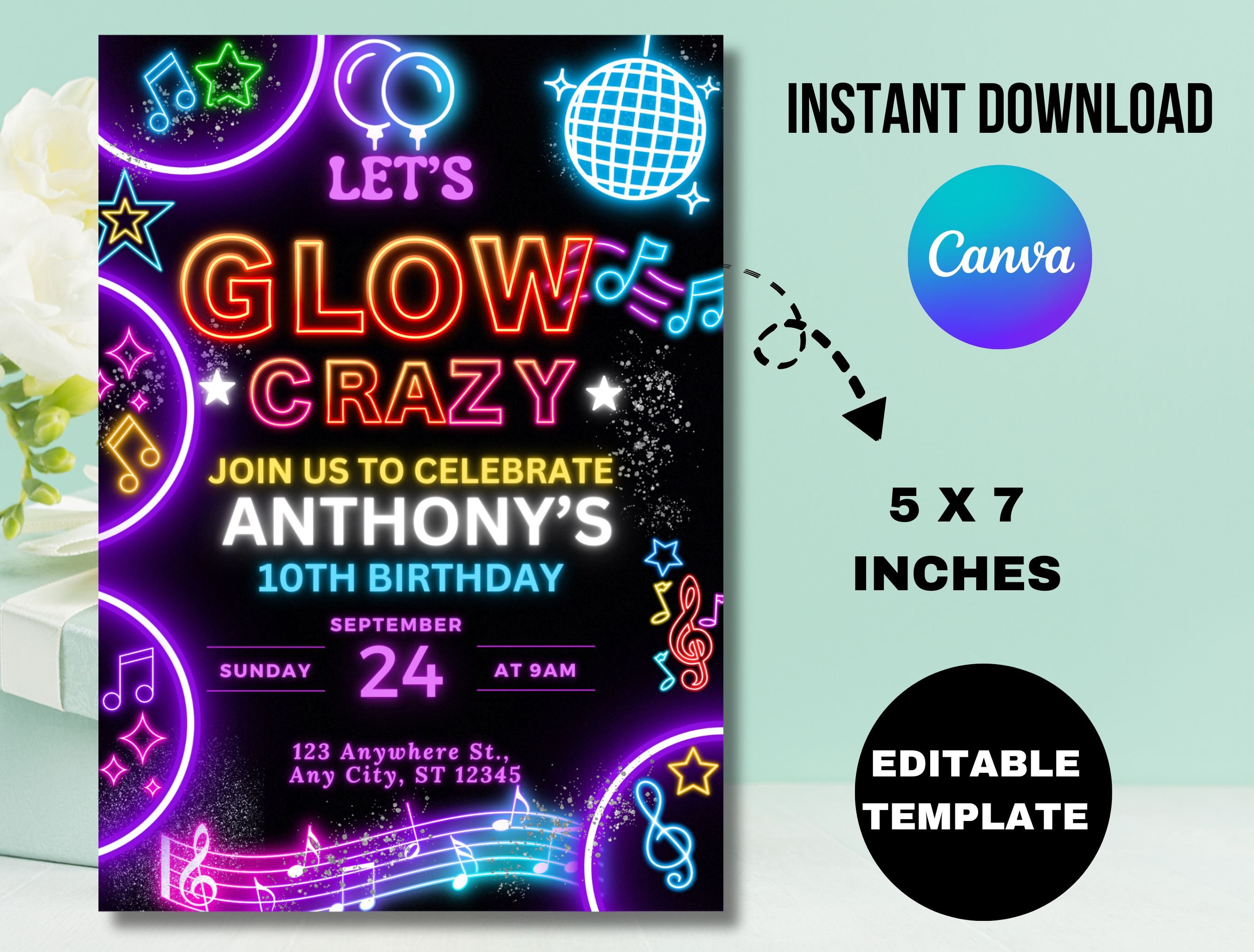 Editable Glow Party Birthday Invitation, Glow Gender Neutral Invites ...