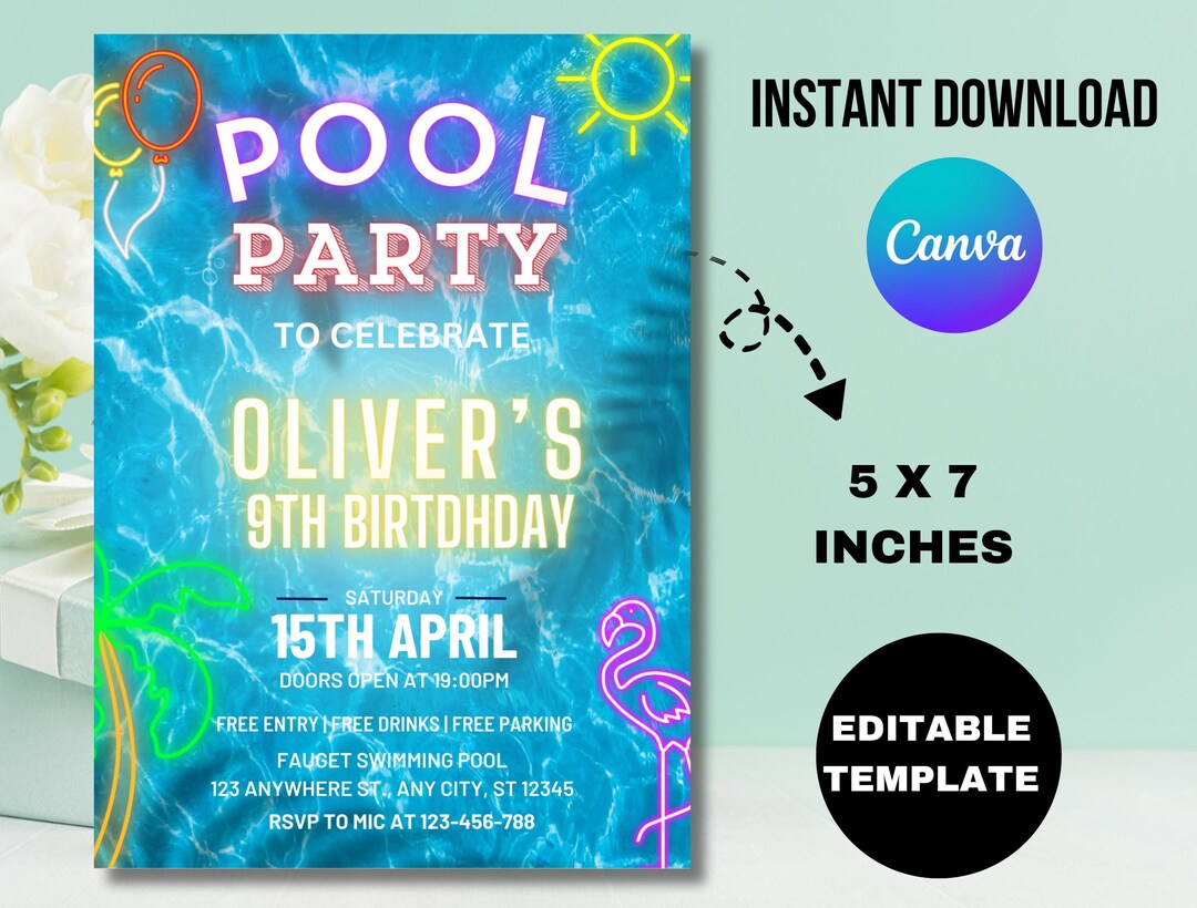 Pool Party Editable Invitation, Summer Birthday Party Evite, Text ...