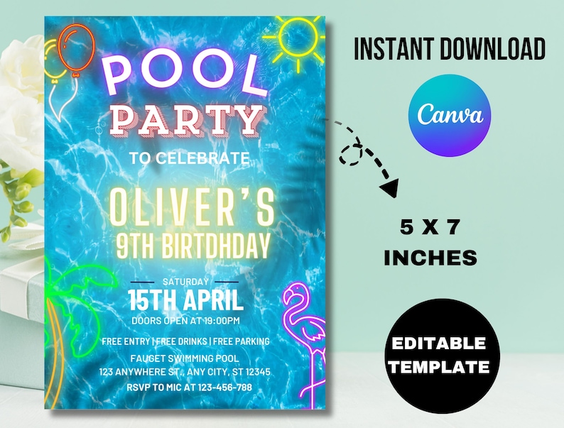 Pool Party Editable Invitation, Summer Birthday Party Evite, Text ...