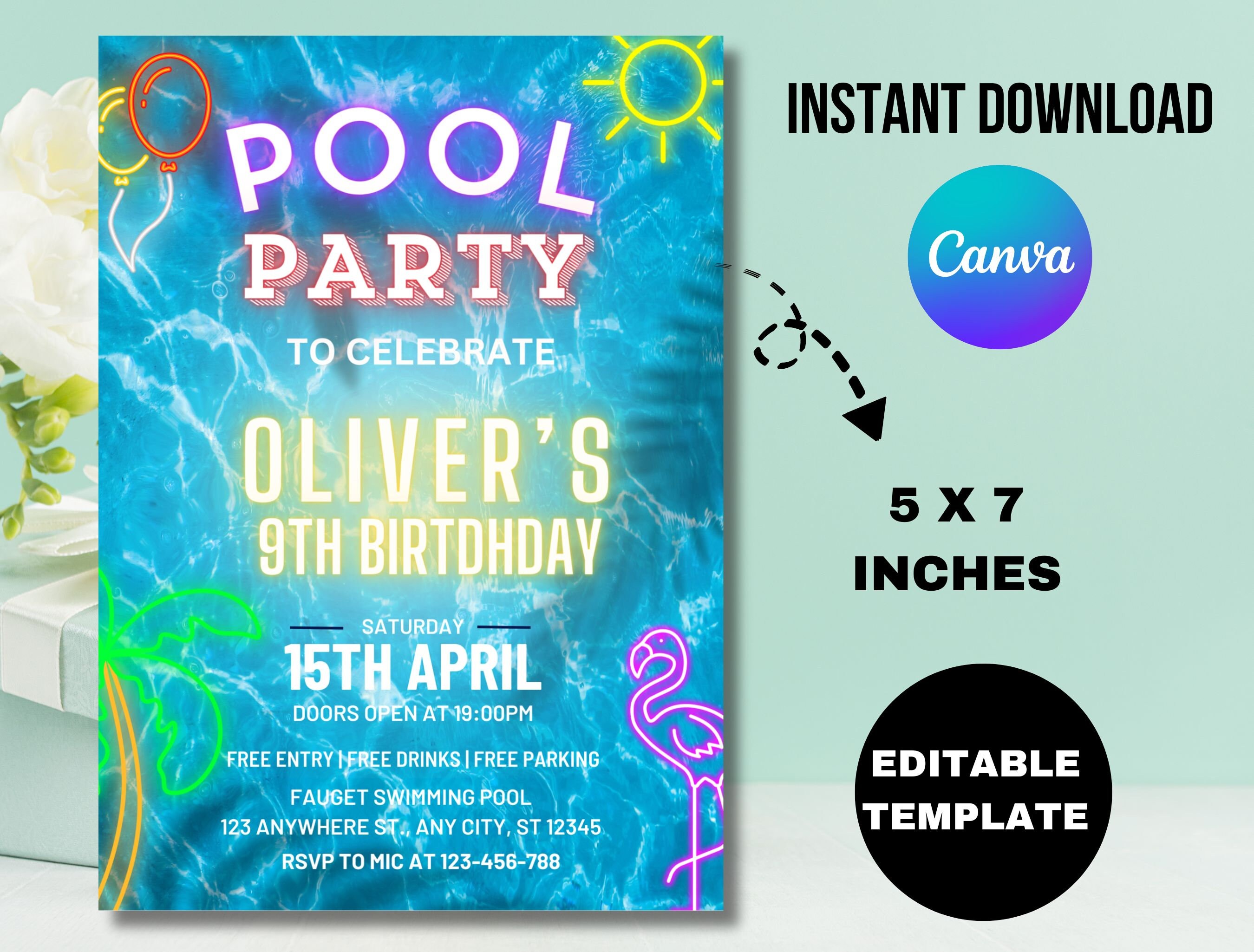 Pool Party Editable Invitation, Summer Birthday Party Evite, Text ...