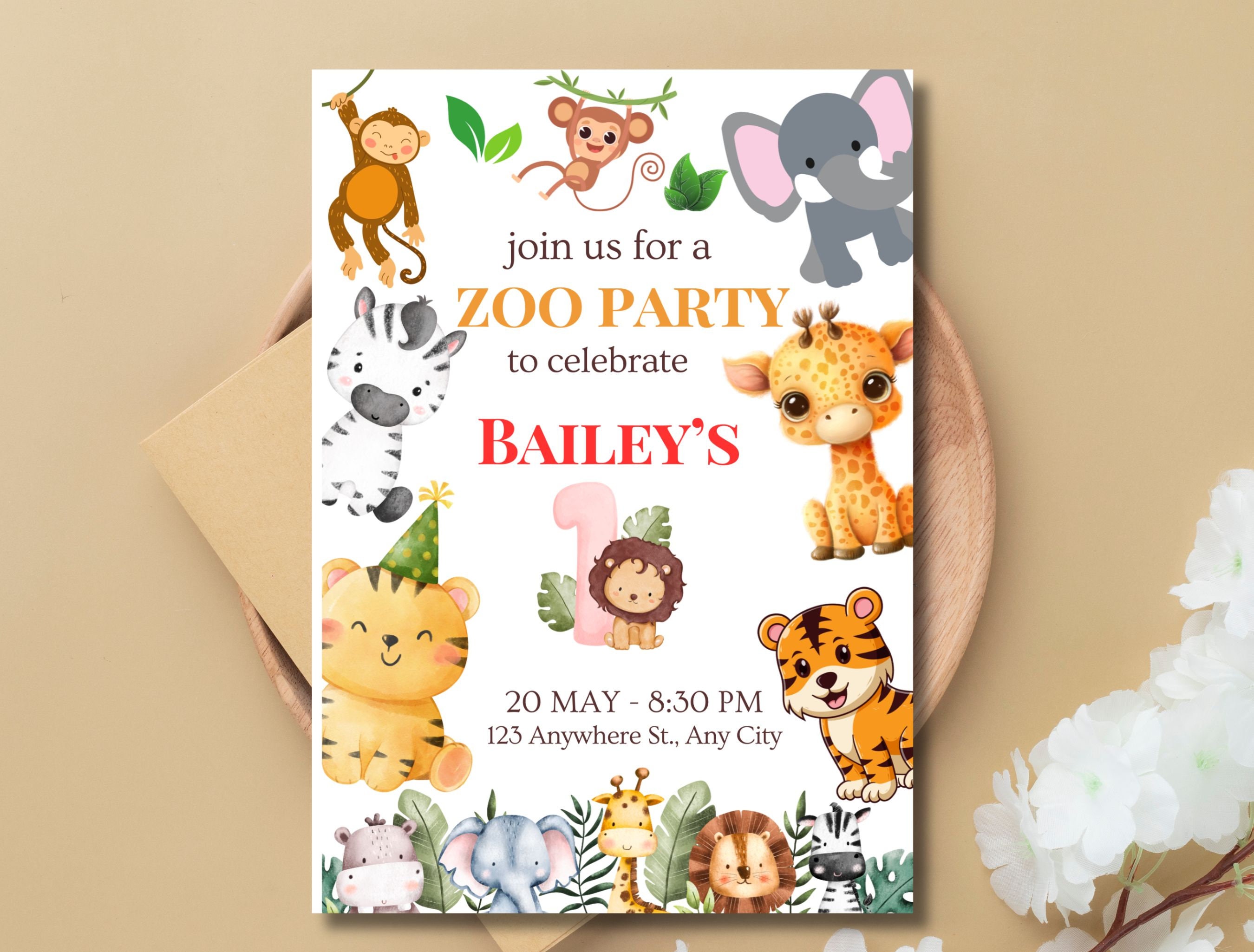Editable Party Animals Birthday Invitation Pastel Rainbow Cheetah Print ...