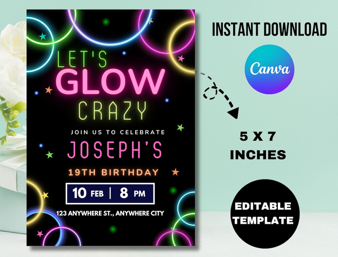 Glow Party Birthday Invitation, Glow Invitation, Girl, Boy, Neon Party ...