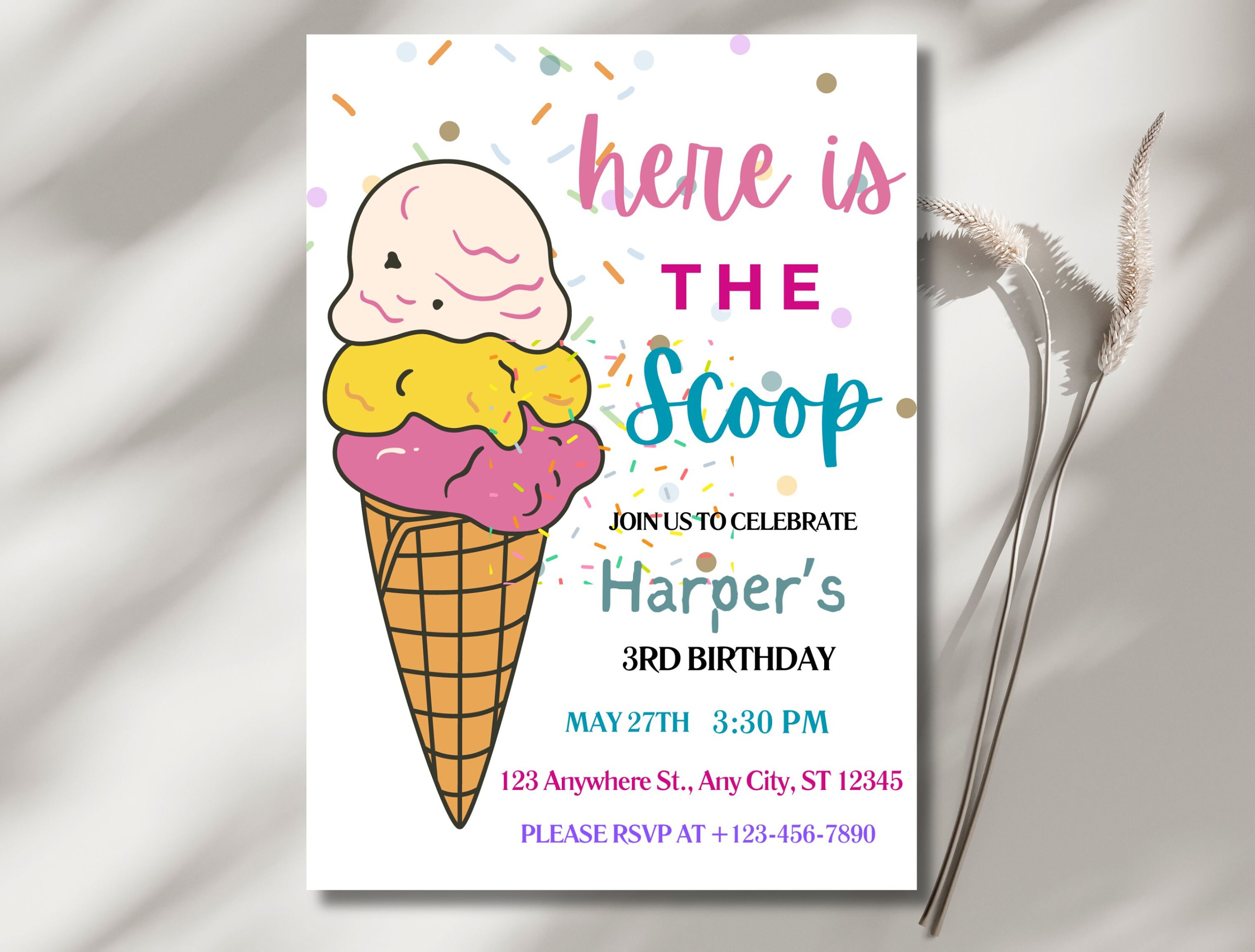 Editable Ice Cream Birthday Invitation 4th Birthday Party Here's the ...