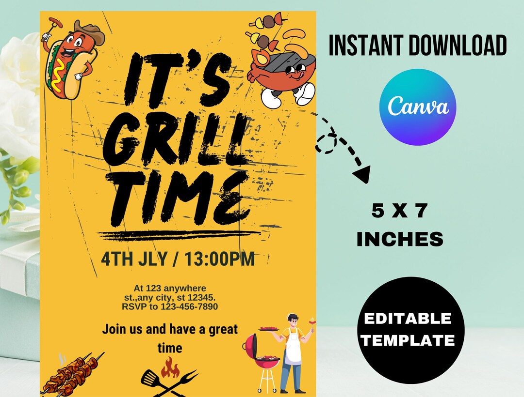 Summer BBQ Party Flyer Editable Template, BBQ Cookout Invitation, Canva ...
